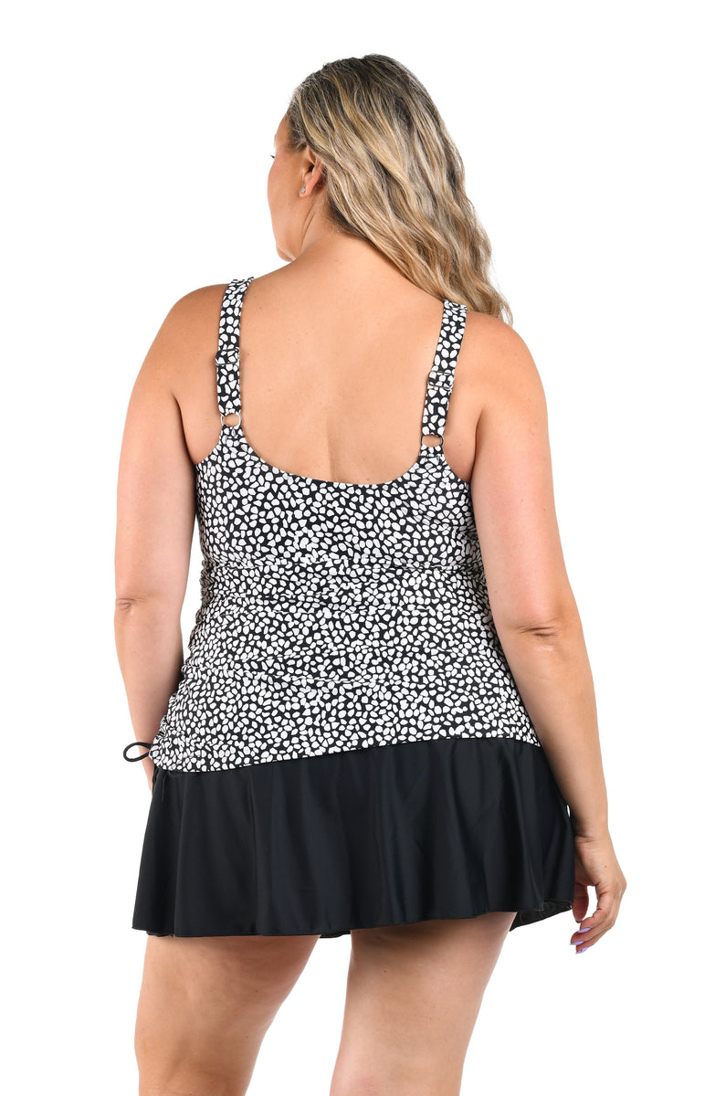 Dot Mosaic Adjustable Tank Swim Dress One Piece (Plus Size)